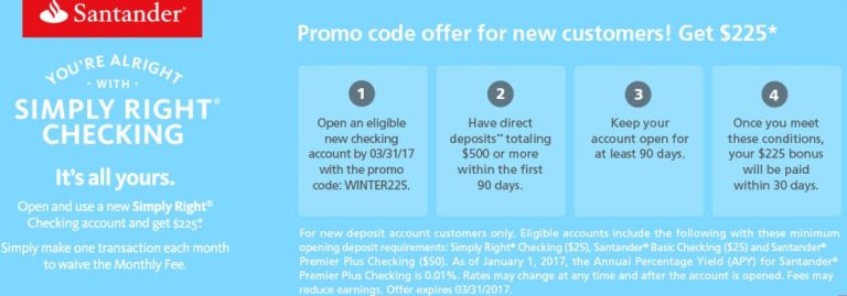 Santander Bank Checking Account Bonus, $225 Bonus After $500 Direct ...