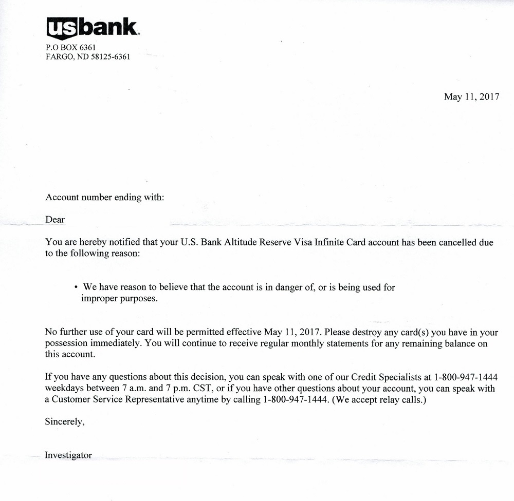 U.S. Bank Altitude Reserve Shutdown Letter: How They Justify Shutting ...