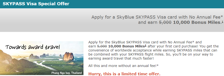 SkyBlue SKYPASS No Fee Card, Increased 10K Miles Bonus - Miles to Memories