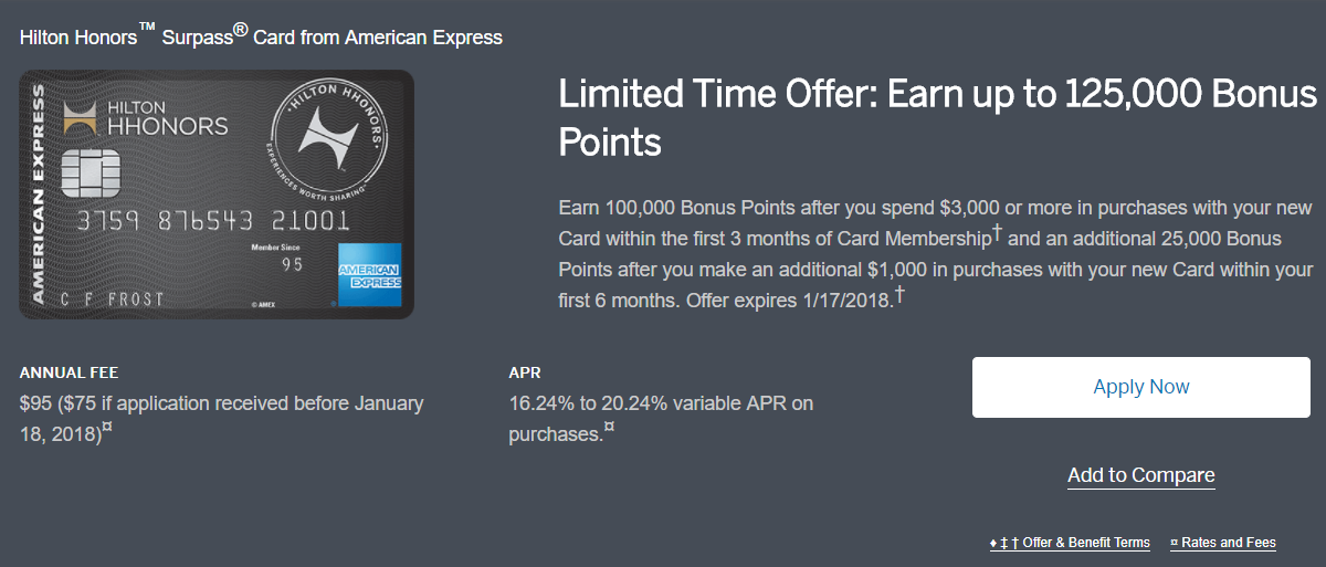 New Highest Bonus for Amex Hilton Surpass Card! 125K Points with $4K ...