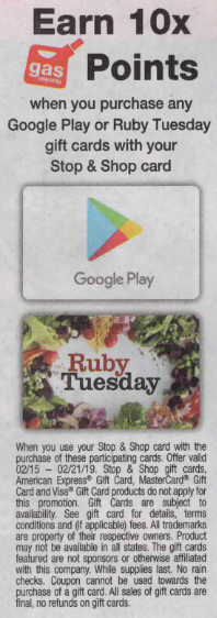 Stop&Shop, Earn 10X Fuel Points With Select Gift Cards - Miles to Memories