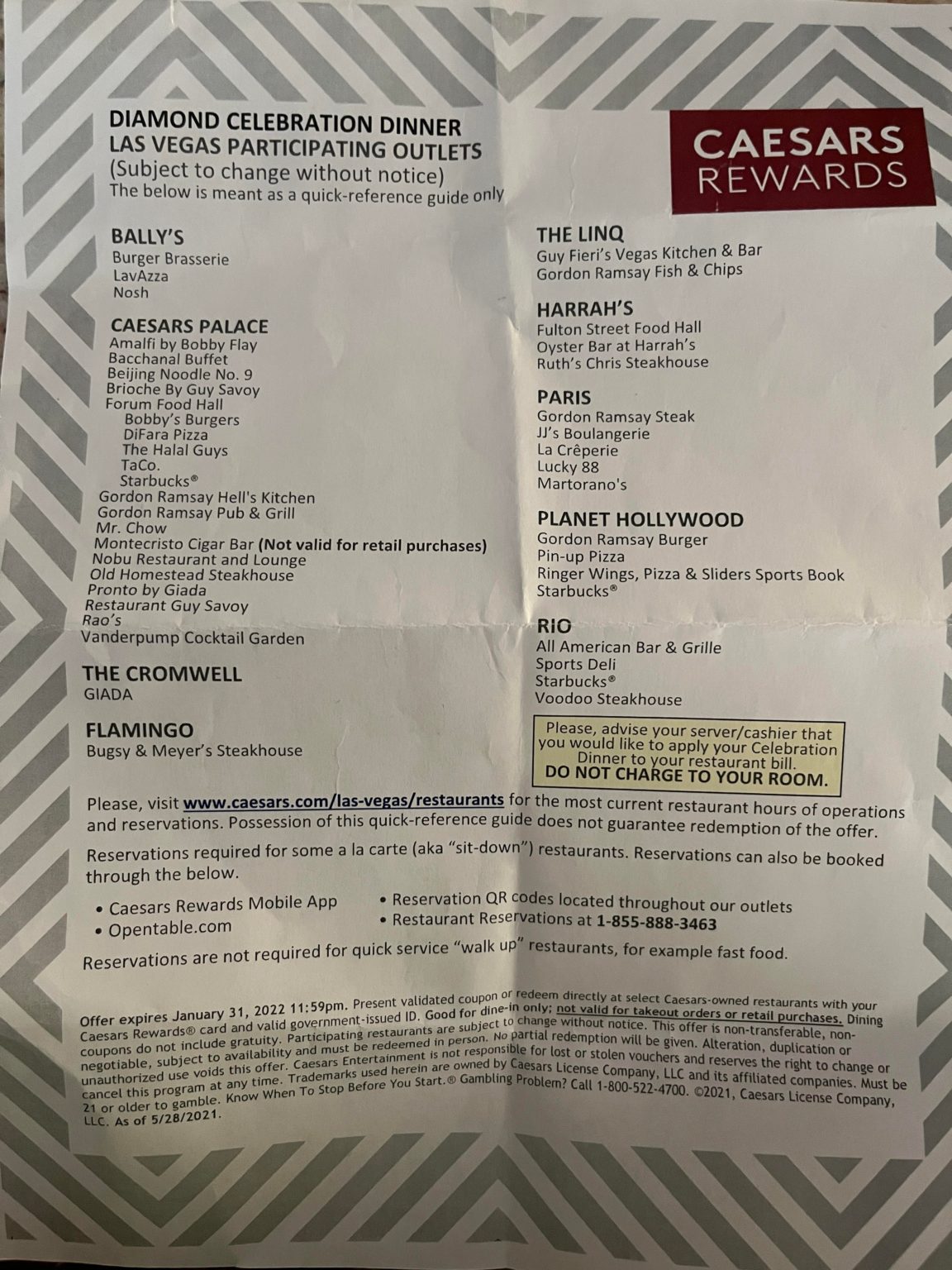 Caesars Diamond Celebration Dinner - Highest Rated Locations