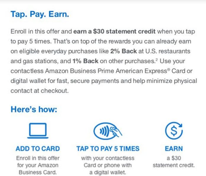 Amazon Prime Business Card Offer - $30 For Contactless Payments