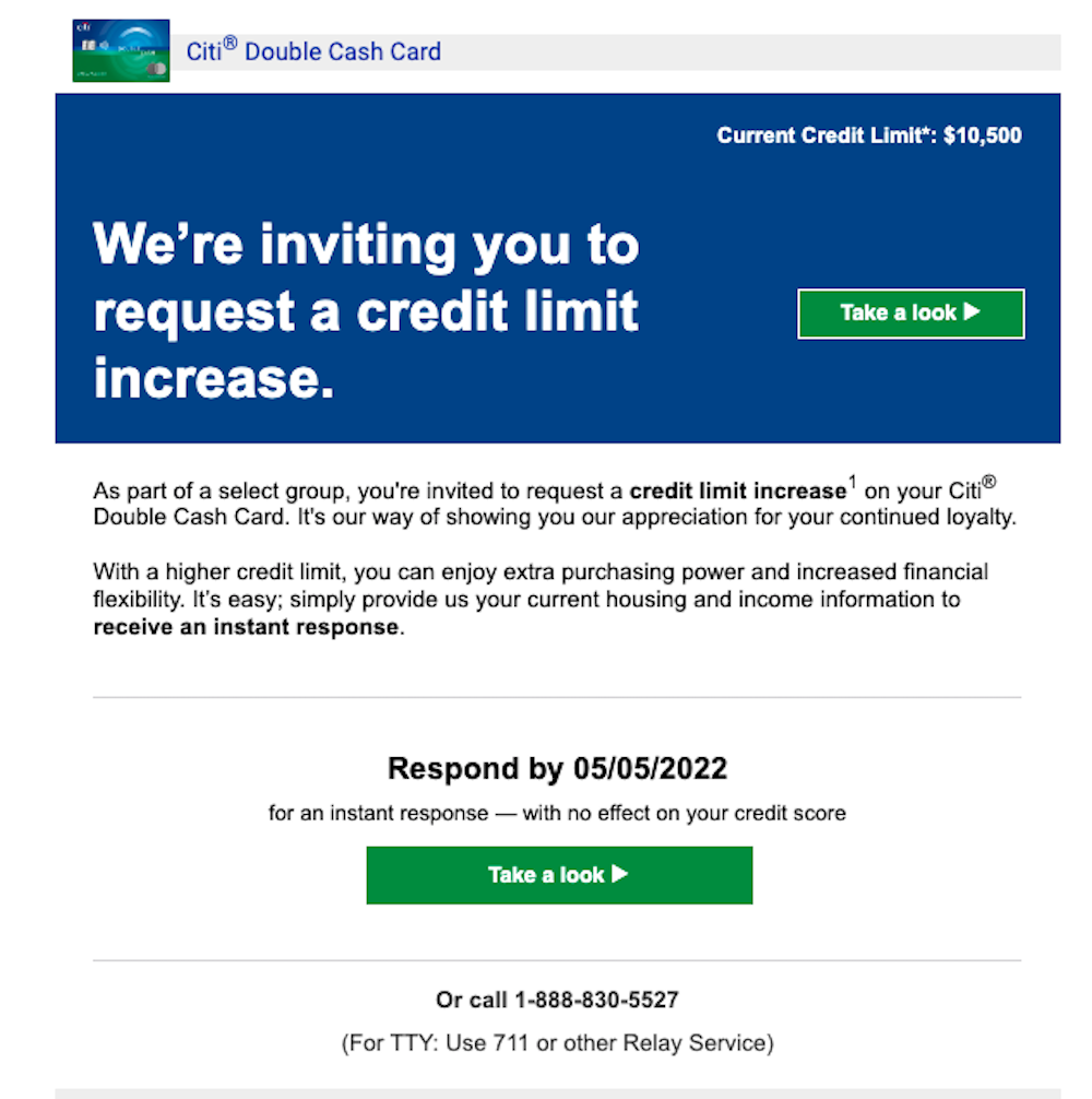 Email Offer to Increase Credit Limit from Citi without Hard Pull